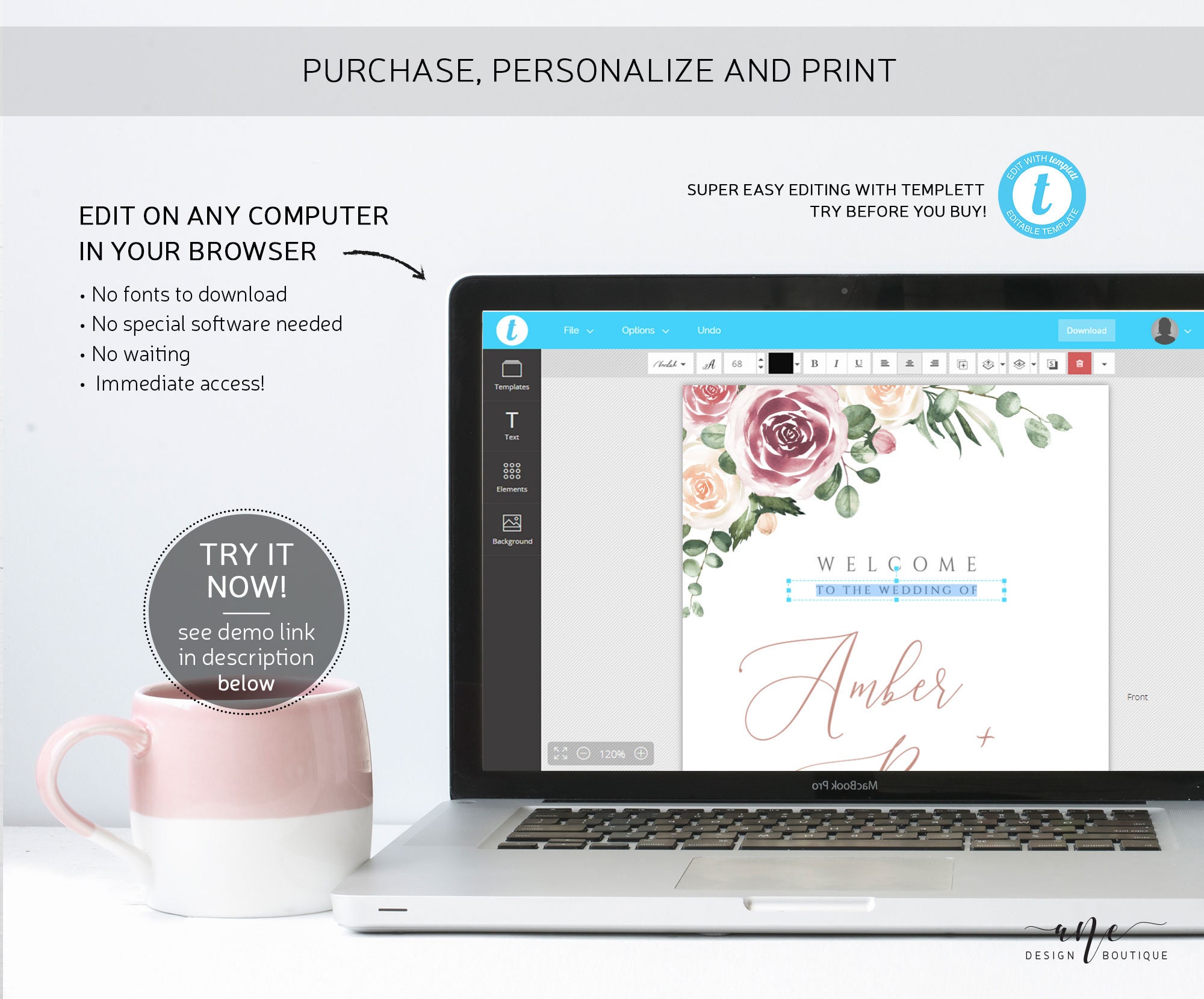 Mauve Floral Wedding Welcome Sign Template, Dusty Roses & Eucalyptus ...