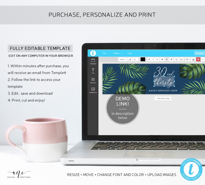 Tropical Beach Water Label Template, Palm Leaf Monstera, Thirty and ...