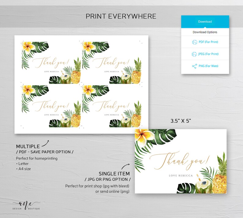 Tropical Thank You Card Template Editable Flat & Folded Note - Etsy