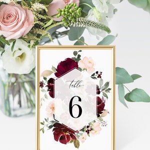 Burgundy Blush Table Number Card Template, Editable Rustic Country ...