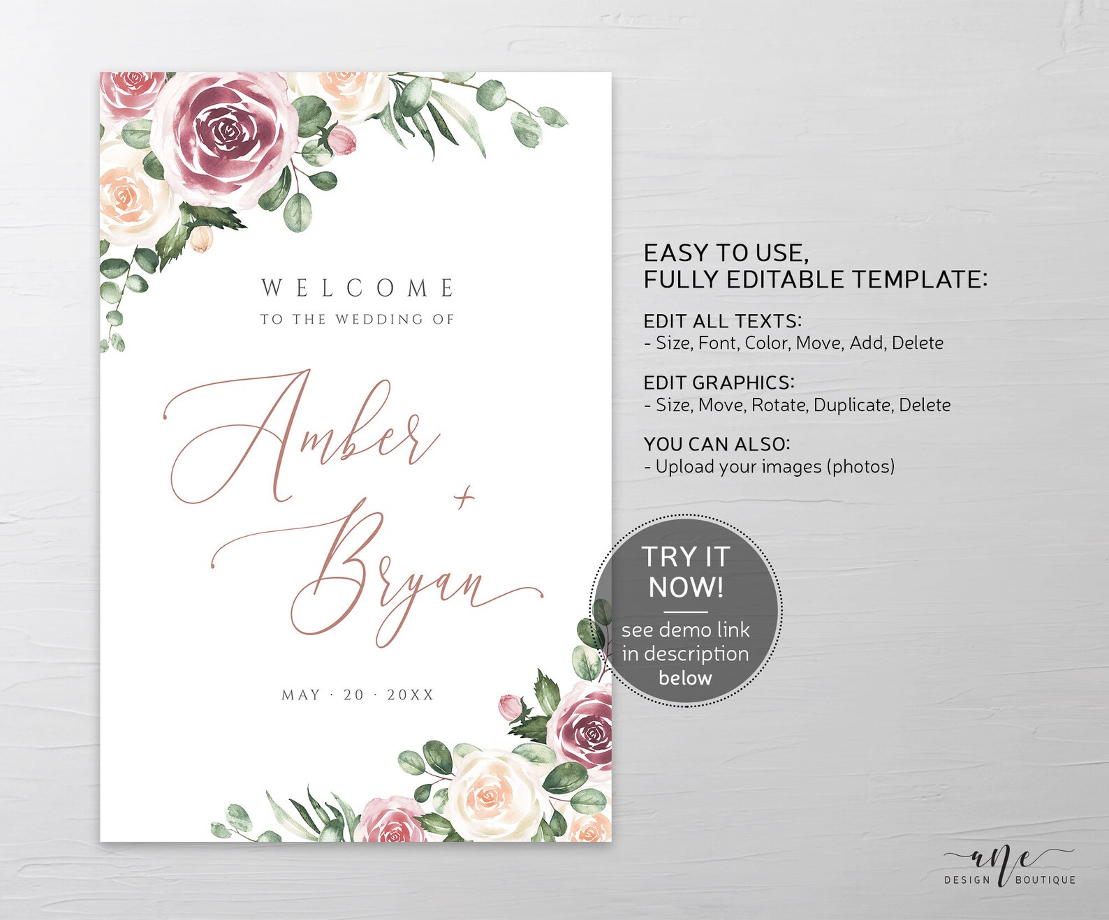 Mauve Floral Wedding Welcome Sign Template, Dusty Roses & Eucalyptus ...