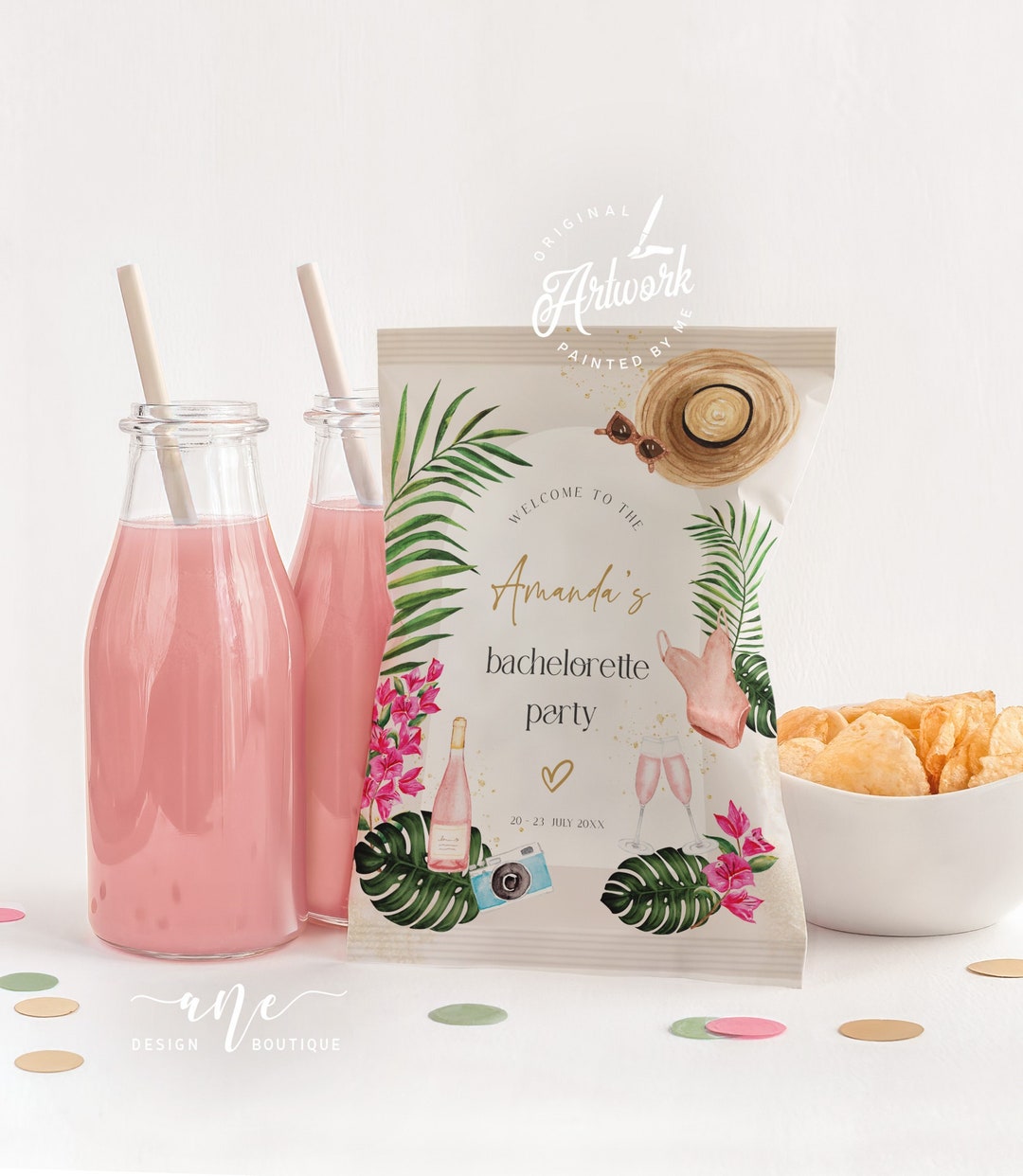 Boho Arch Tropical Bridal Shower Chip Bag Printable Template, Editable ...