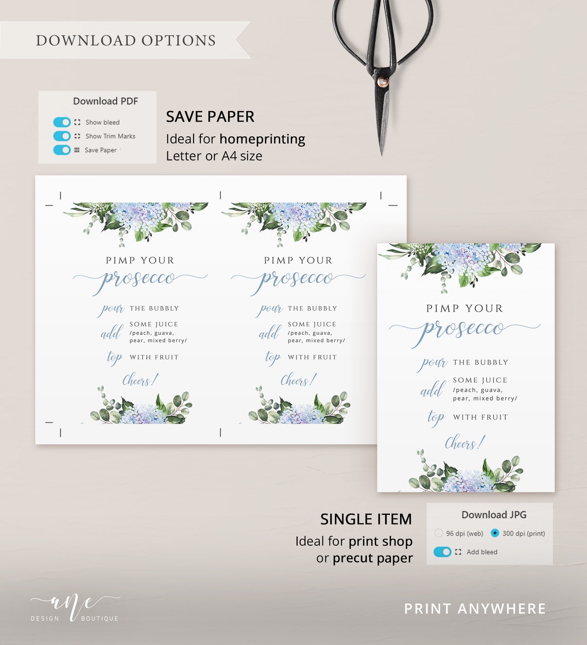 Blue Hydrangea Pimp Your Prosecco Sign Editable Template, Mimosa Bar ...