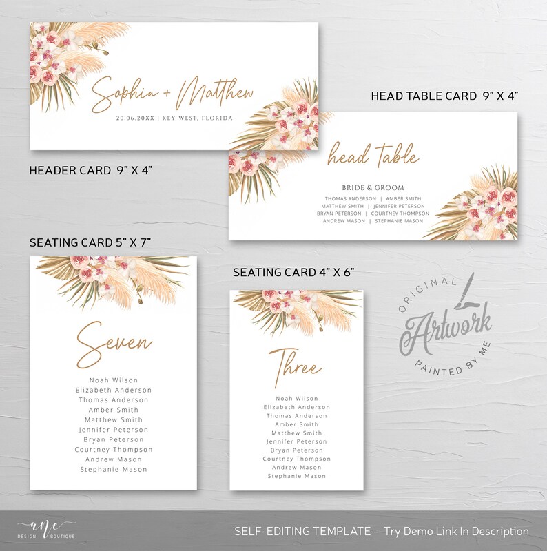 Boho Pampas Grass Seating Chart Template Guest Names Table | Etsy