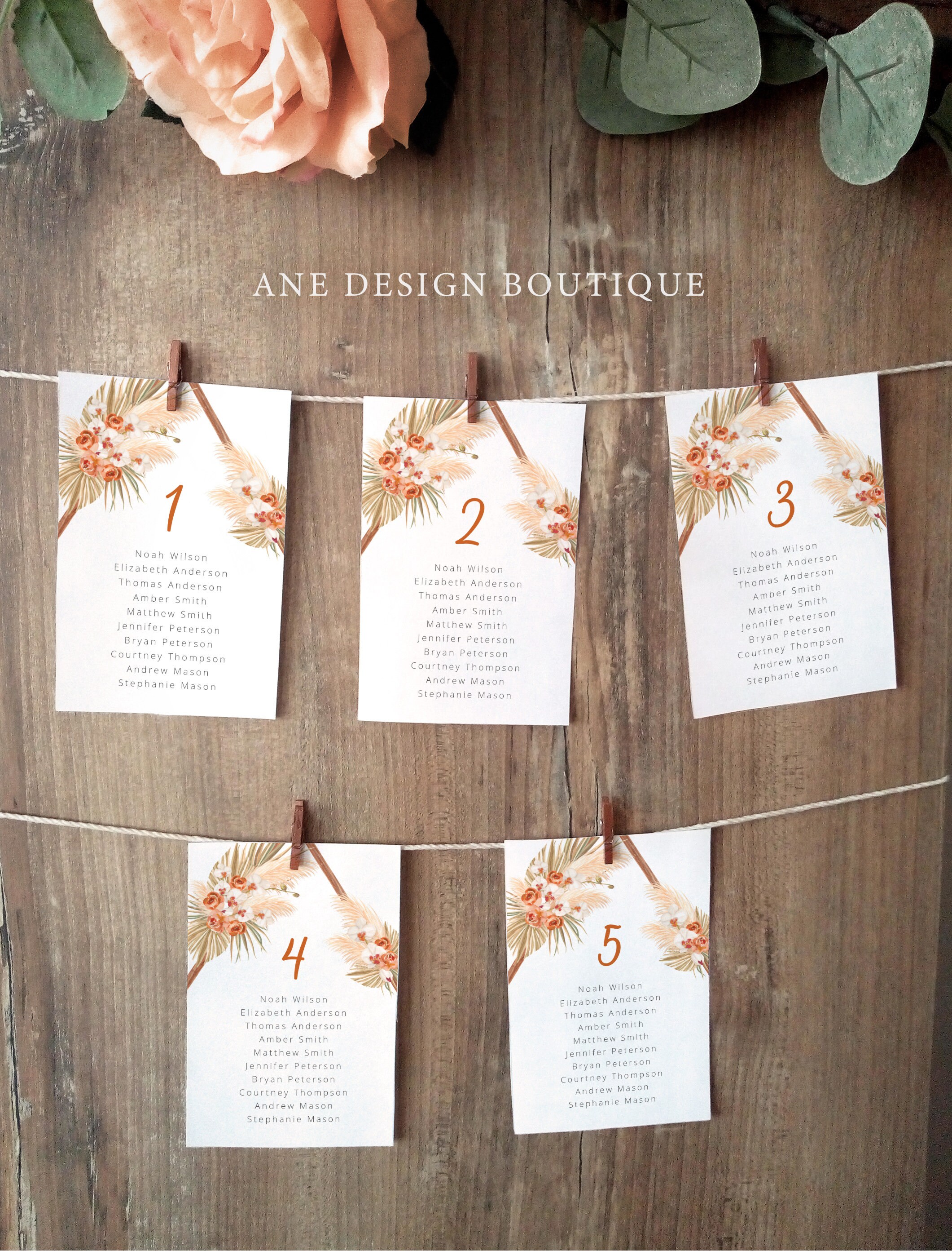 Boho Pampas Grass Seating Chart Template Guest Names Table - Etsy