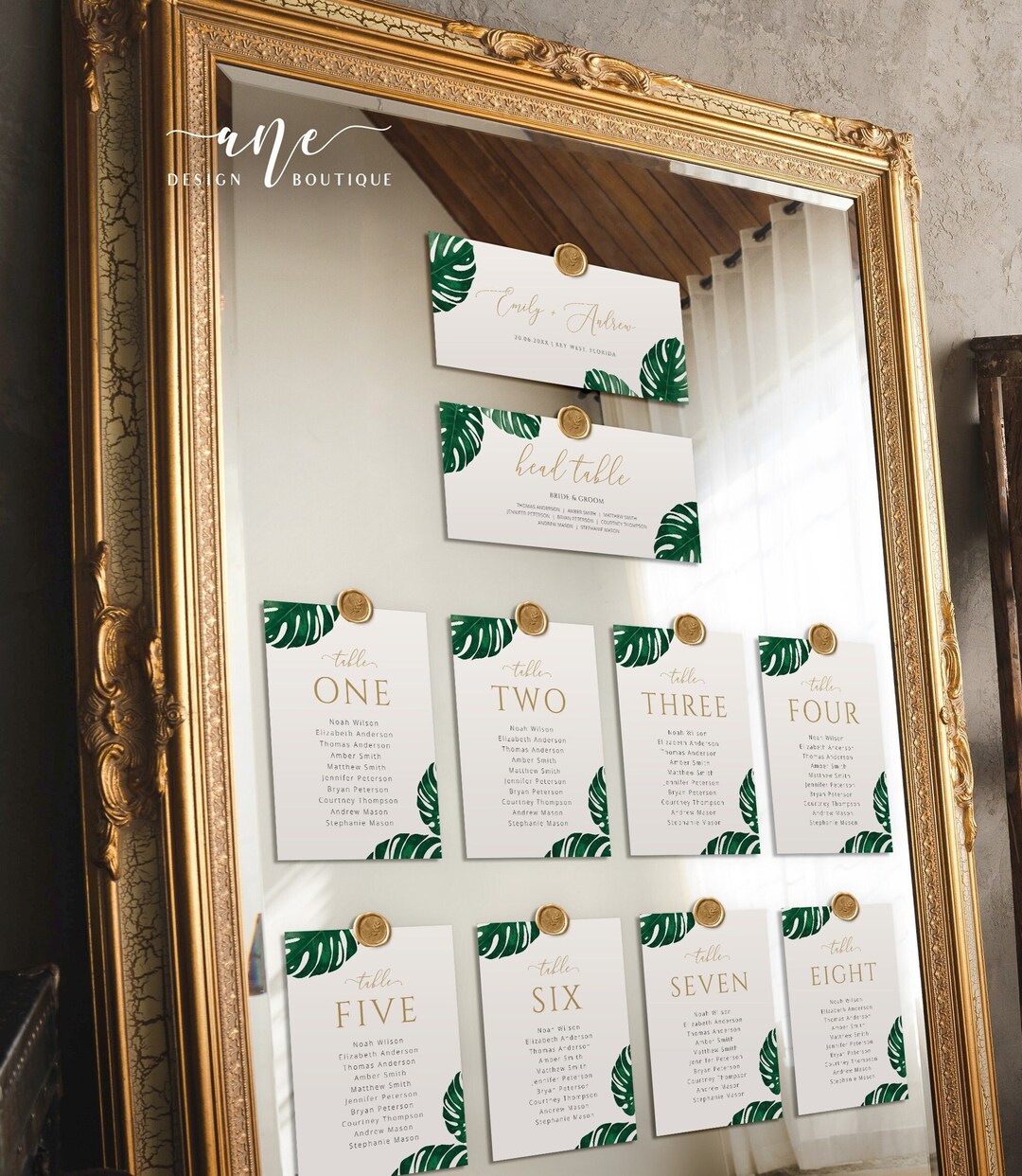 Monstera Seating Chart Template, Table Number Cards, Beach Palm Leaves ...
