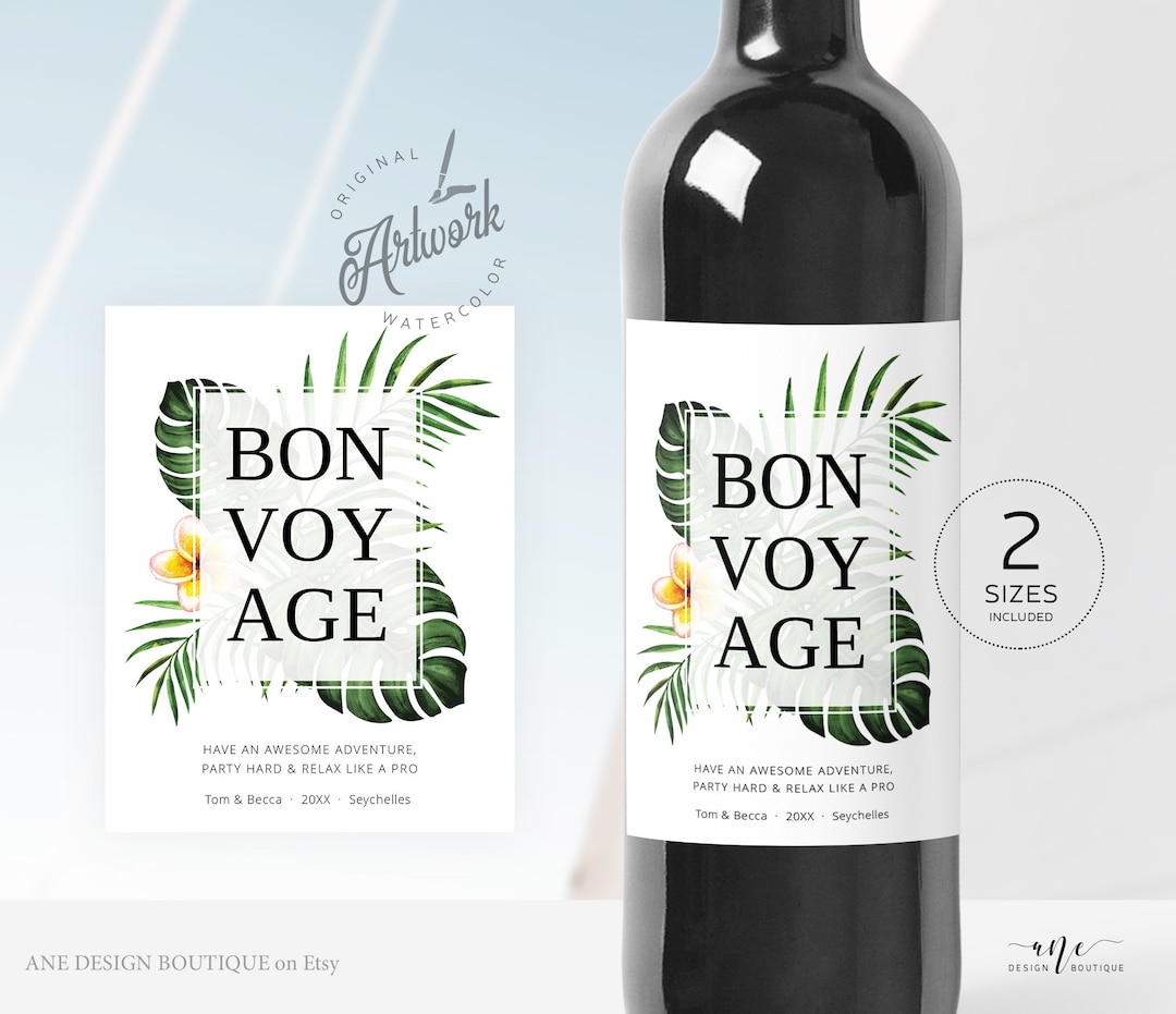 Tropical Bon Voyage Wine Label Template, Custom Bottle Label, Shower ...
