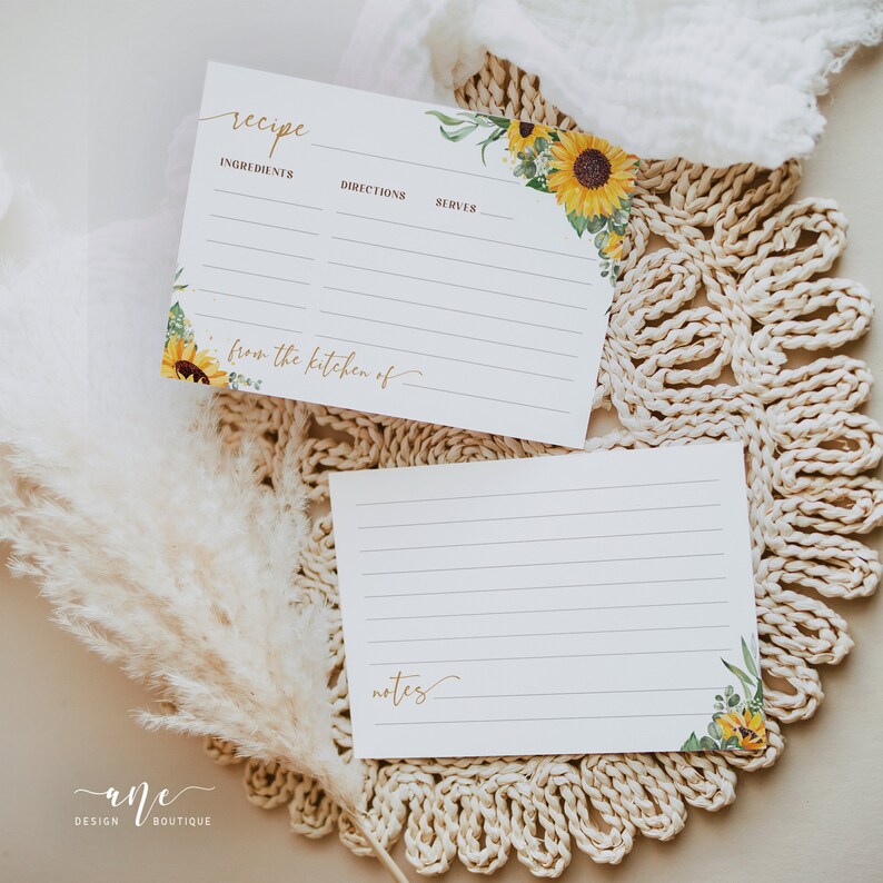Editable Sunflower Recipe Card Printable Template, DIY Bridal Shower ...