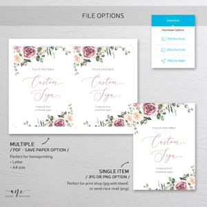 Boho Floral Wedding Sign Template, Eucalyptus Mauve Roses Watercolor ...