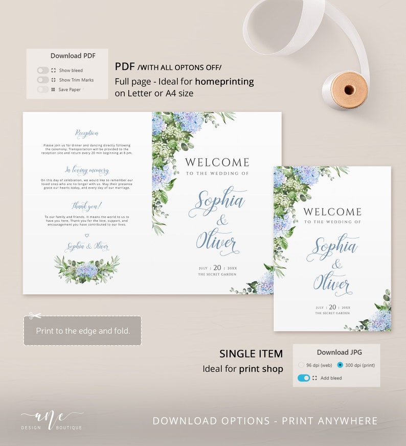 Blue Hydrangea Wedding Church Booklet Program Printable - Etsy