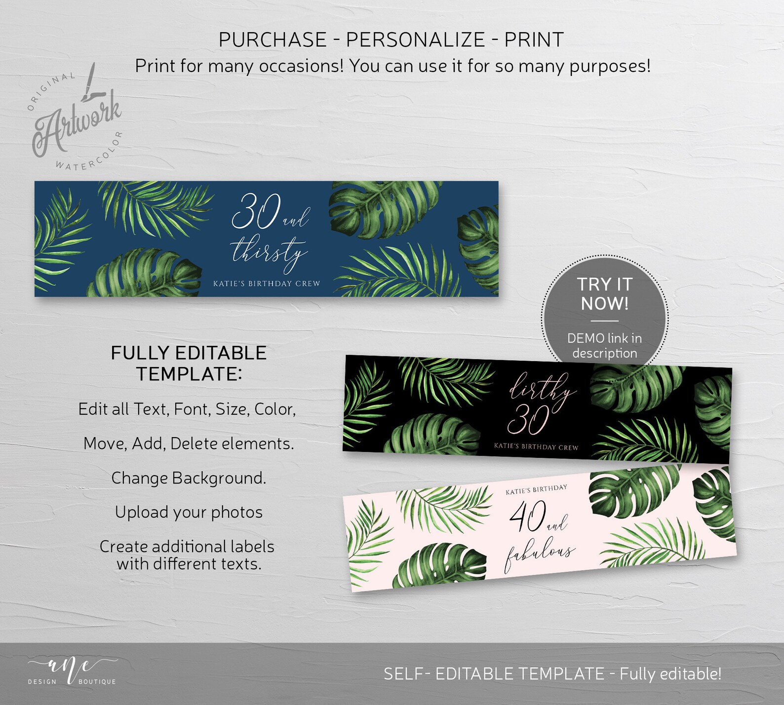 Tropical Beach Water Label Template Palm Leaf Monstera - Etsy