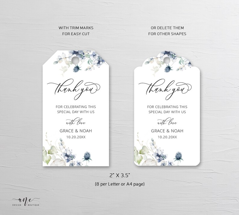 Dusty Blue Wedding Favor Tag Template, Winter Rustic Wildflowers Thank ...