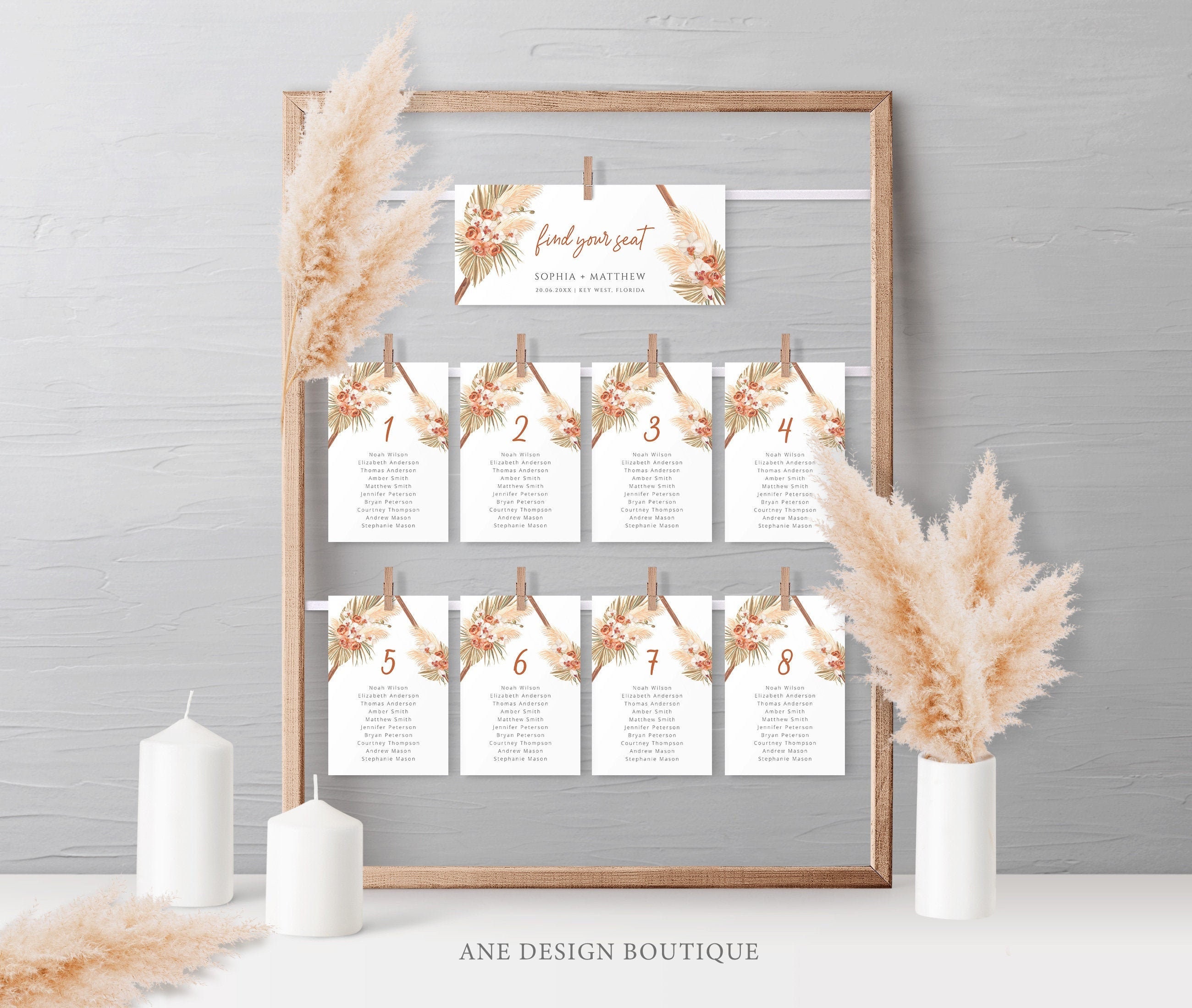 Boho Pampas Grass Seating Chart Template Guest Names Table - Etsy