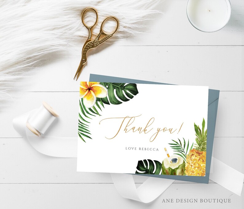 Tropical Thank You Card Template Editable Flat & Folded Note | Etsy