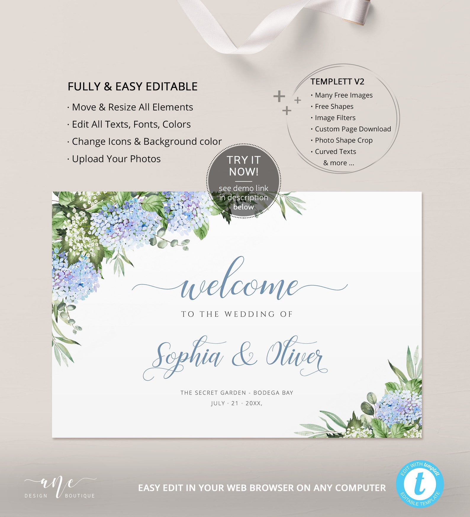 Blue Hydrangea Wedding Welcome Sign Template Rustic Greenery - Etsy
