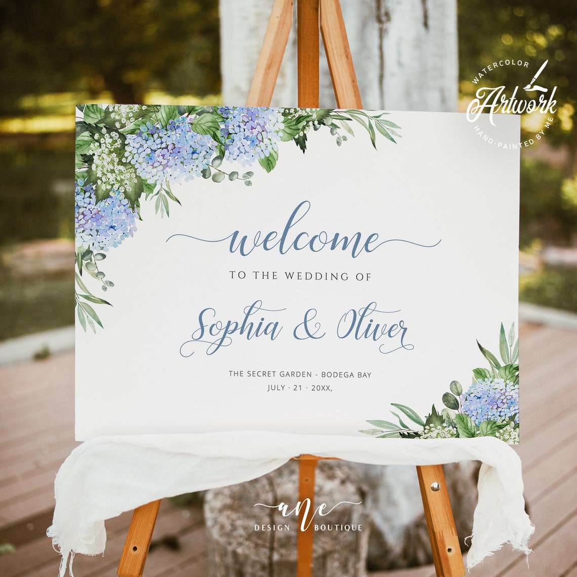 Blue Hydrangea Wedding Welcome Sign Template Rustic Greenery - Etsy