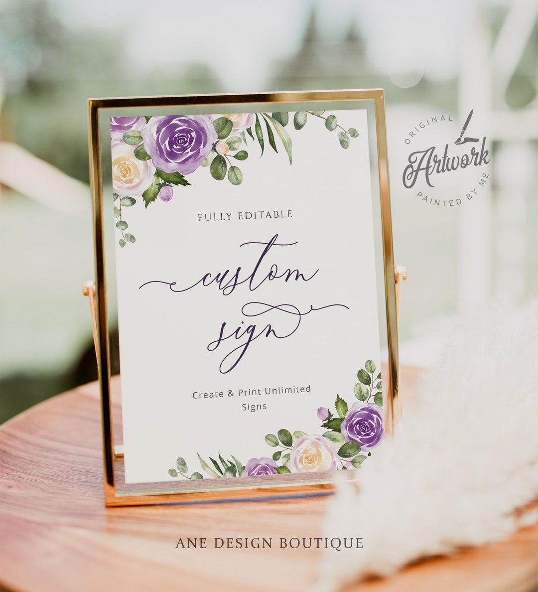 Lavender Purple Wedding Sign Template, Eucalyptus Rustic Floral ...