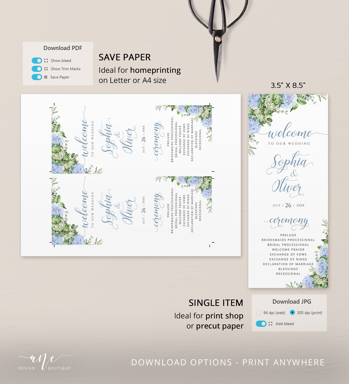 Blue Hydrangea Wedding Program Printable Template, Rustic Ceremony Program DIY , Country Barn ...