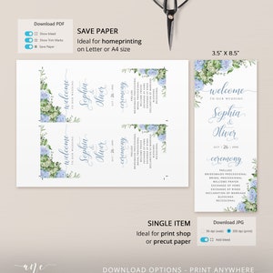 Blue Hydrangea Wedding Program Printable Template, Rustic Ceremony ...