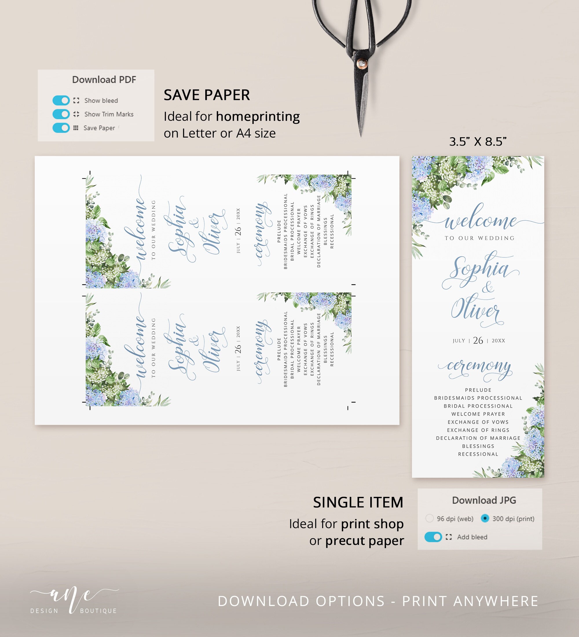 Blue Hydrangea Wedding Program Printable Template Rustic - Etsy