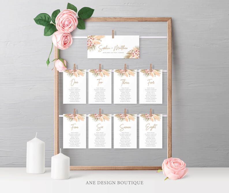 Boho Pampas Grass Seating Chart Template, Guest Names Table Cards ...