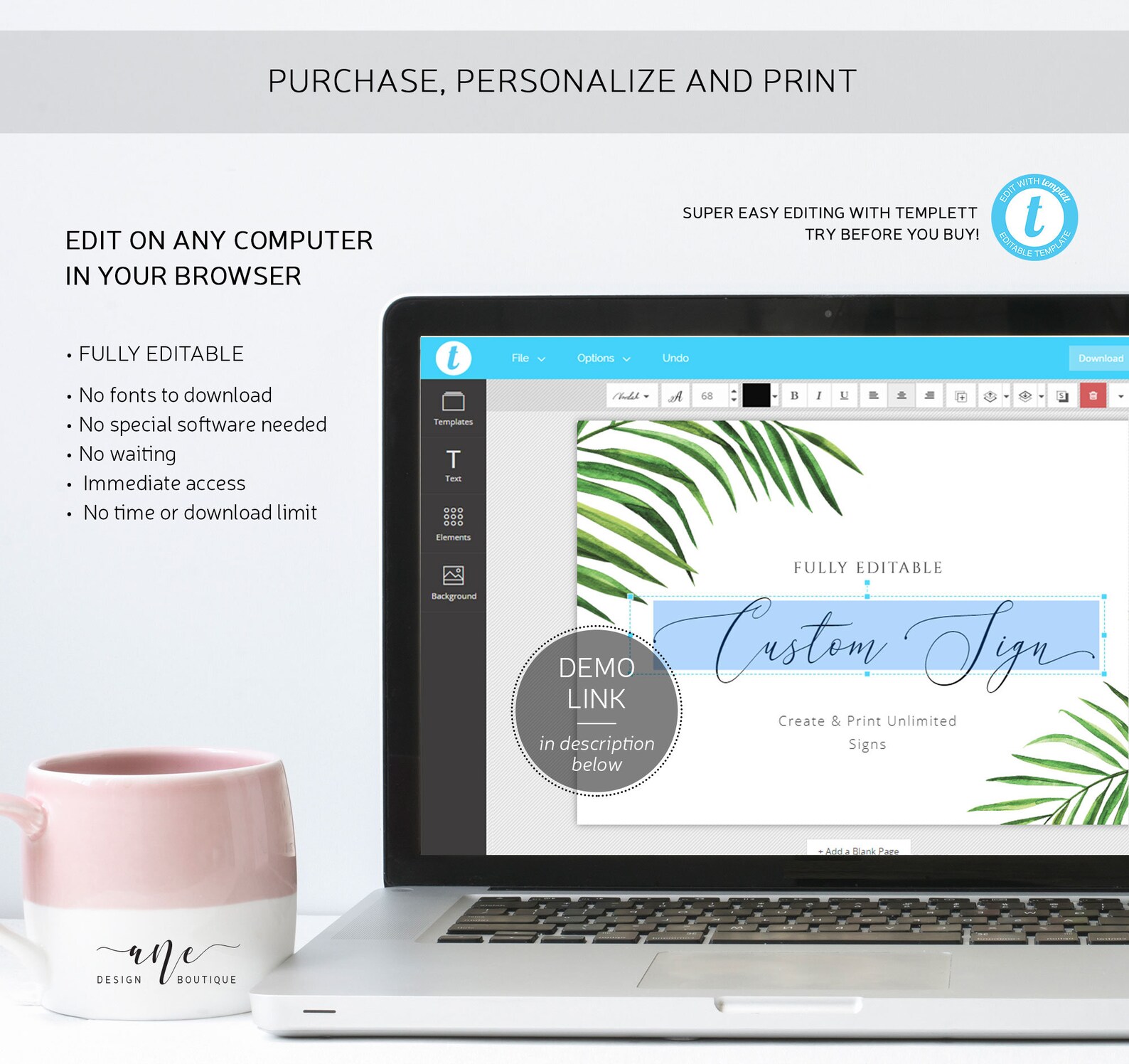 Tropical Destination Wedding Sign Template, Editable Beach Palm Leaf ...