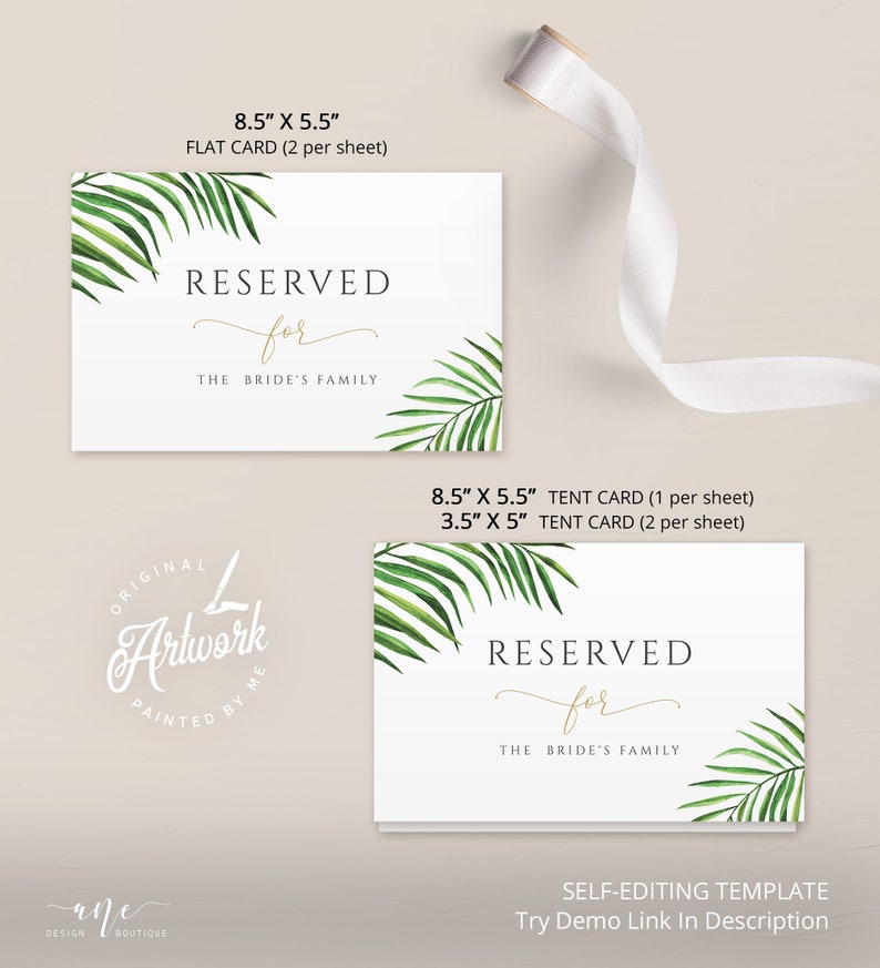 Tropical Reserved Seat Card Printabletemplate, Modern Palm Leaf Beach ...
