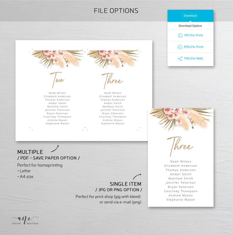 Boho Pampas Grass Seating Chart Template, Guest Names Table Cards ...