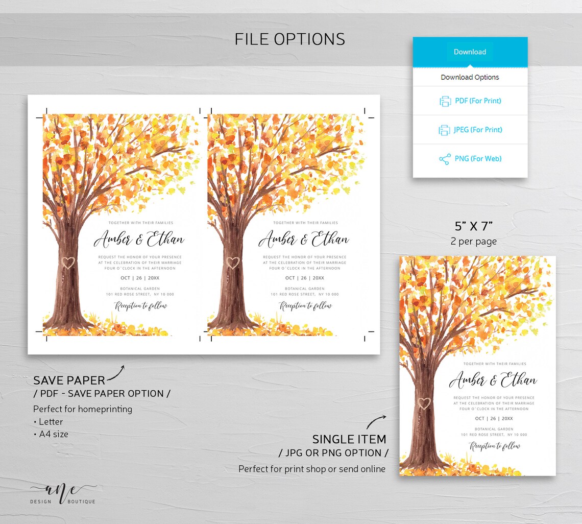 Rustic Fall Tree Wedding Invitation Set Printable Template - Etsy Australia