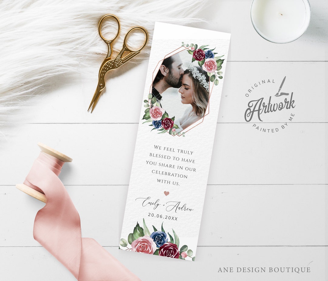 Floral Wedding Bookmark Favor Template: Burgundy, Navy, Blush Roses ...