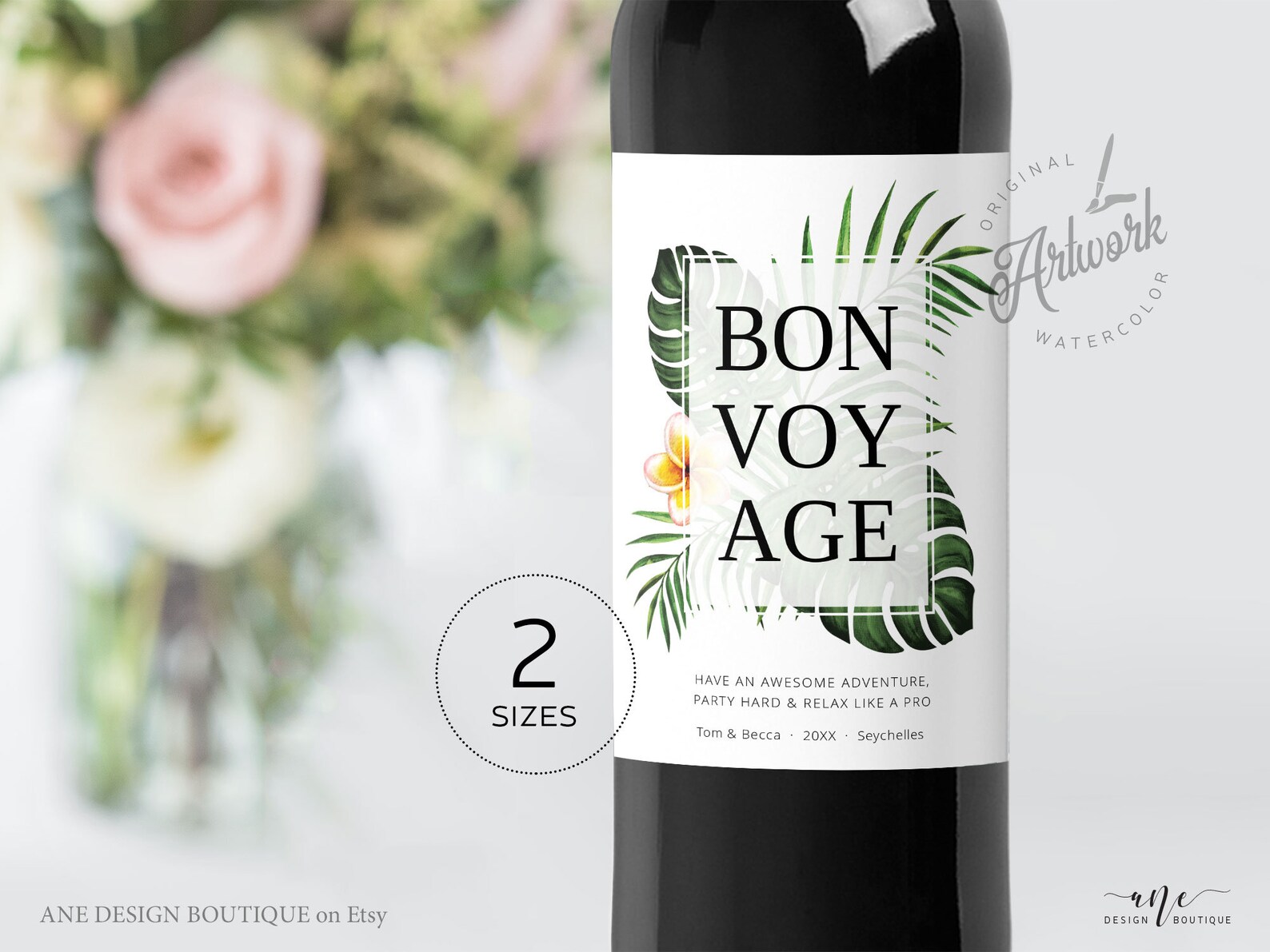 Tropical Bon Voyage Wine Label Template, Custom Bottle Label, Shower ...