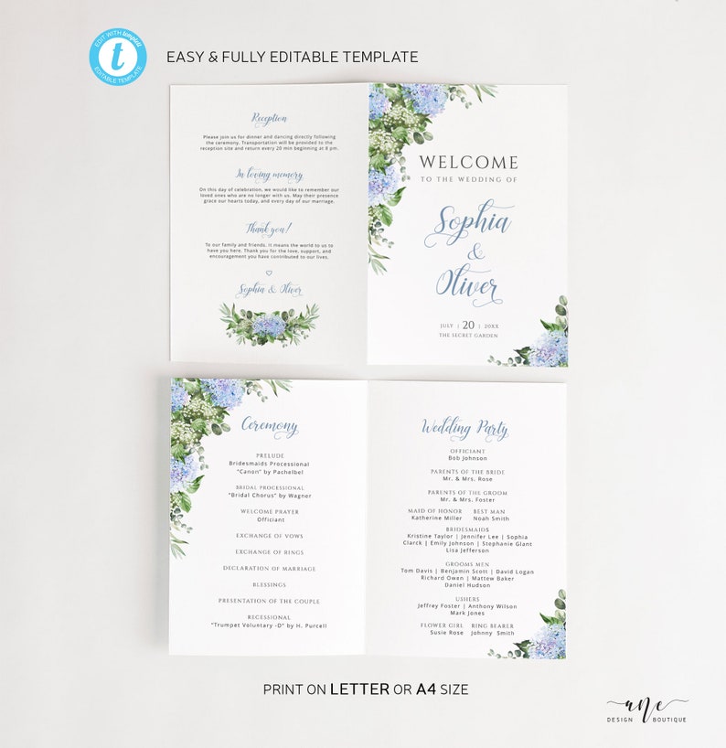 Blue Hydrangea Wedding Church Booklet Program Printable - Etsy