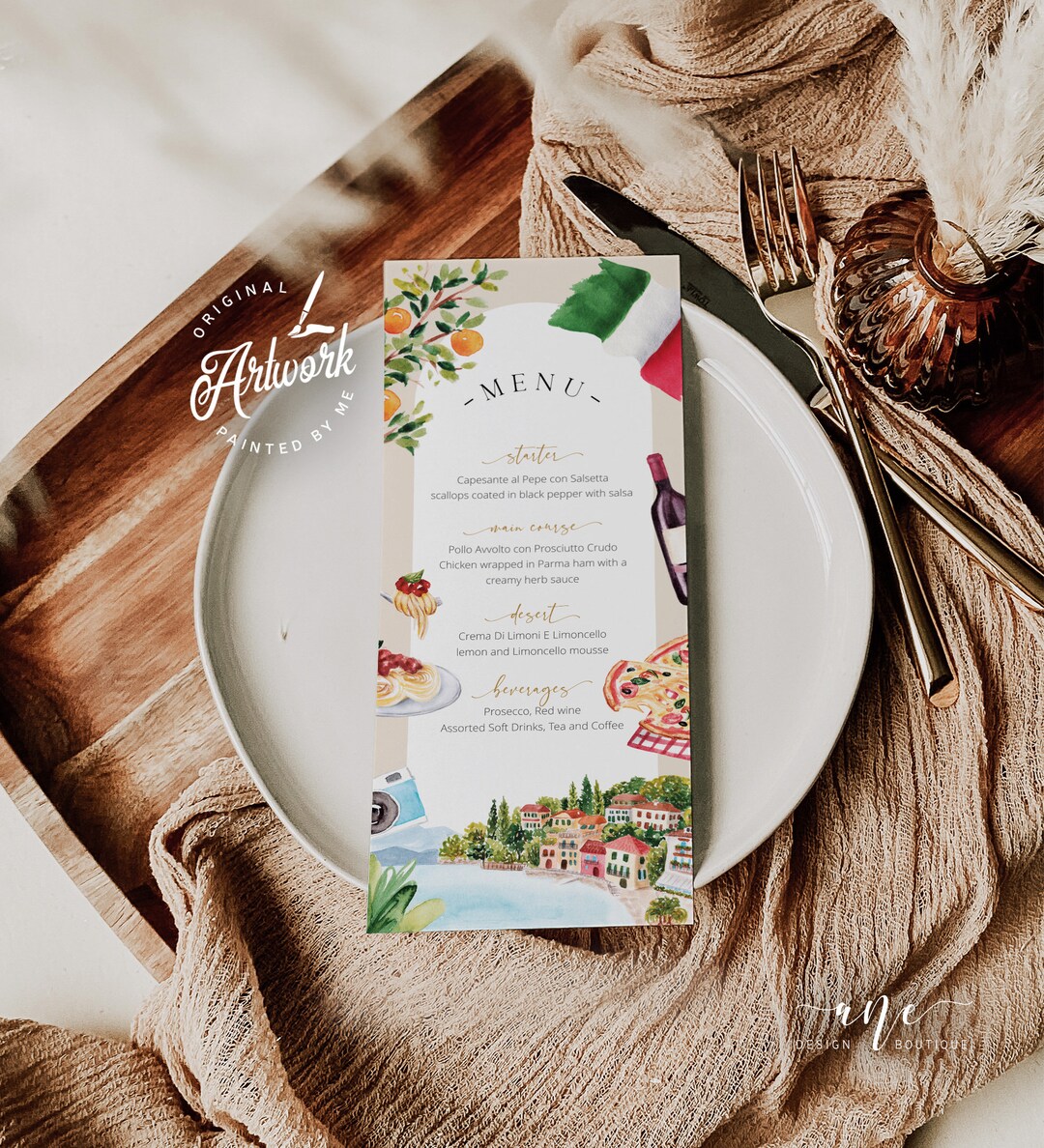 Italy Wedding Menu Template, Nude Boho Mediterranean Arched Editable ...