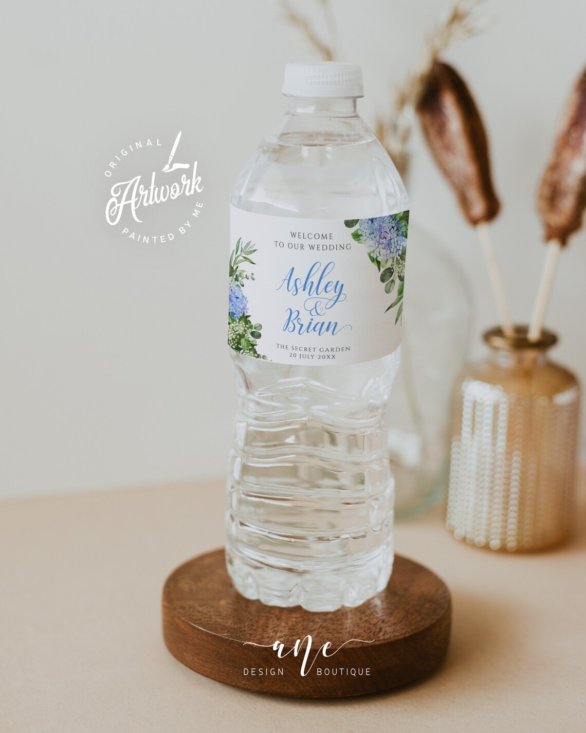 Dusty Blue Hydrangea Wedding Water Label Template, Editable Floral ...