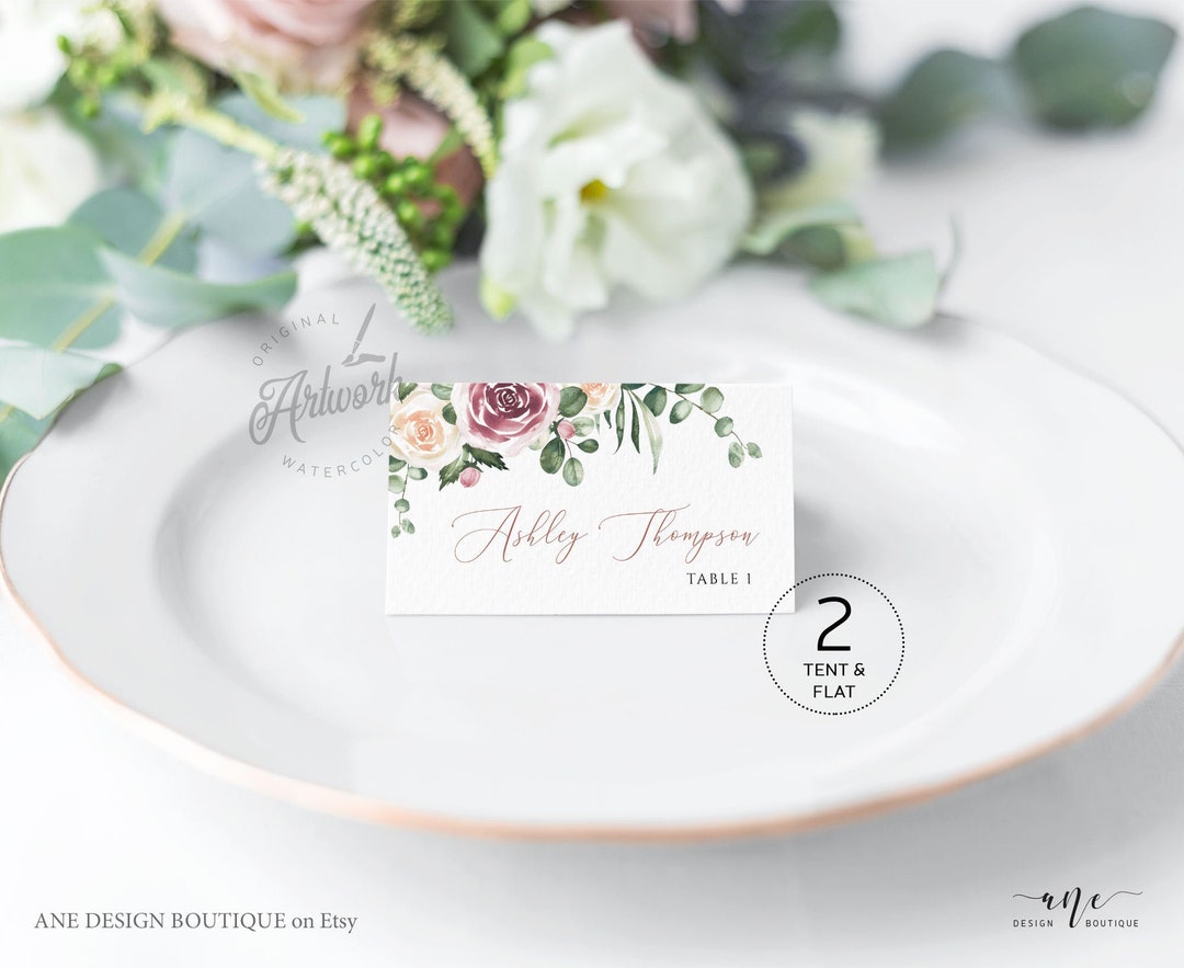 Mauve & Blush Roses Printable Place Card Template, Printable Wedding ...