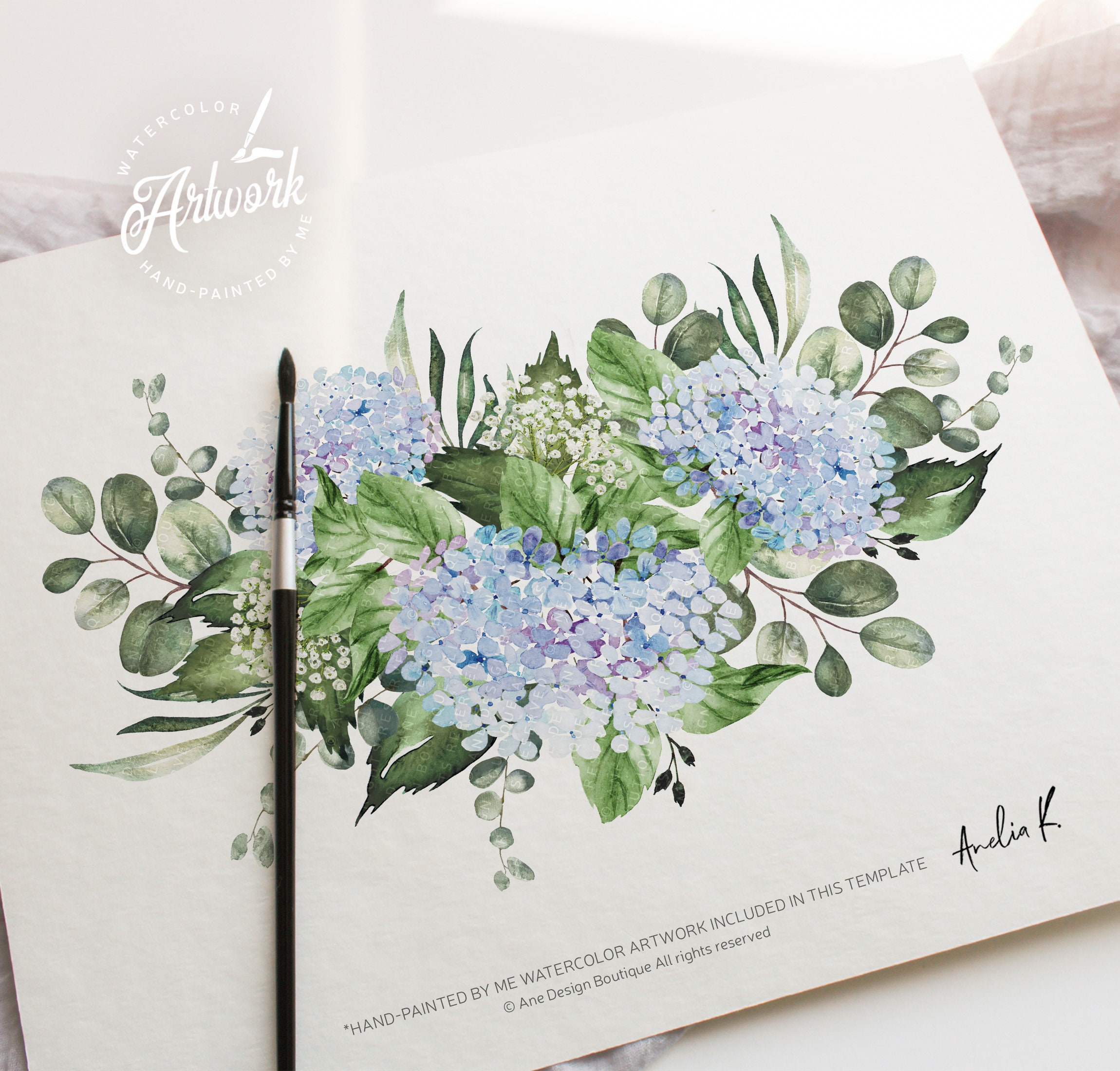 Dusty Blue Hydrangea Wedding Bookmark Favor Template Printable ...