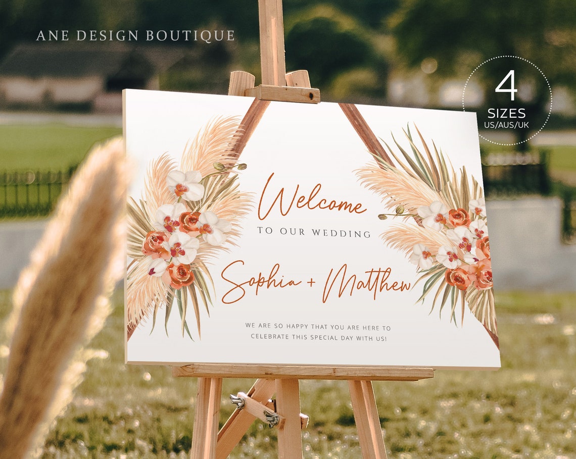 Boho Pampas Grass Wedding Welcome Sign Template, Burnt Orange Desert ...