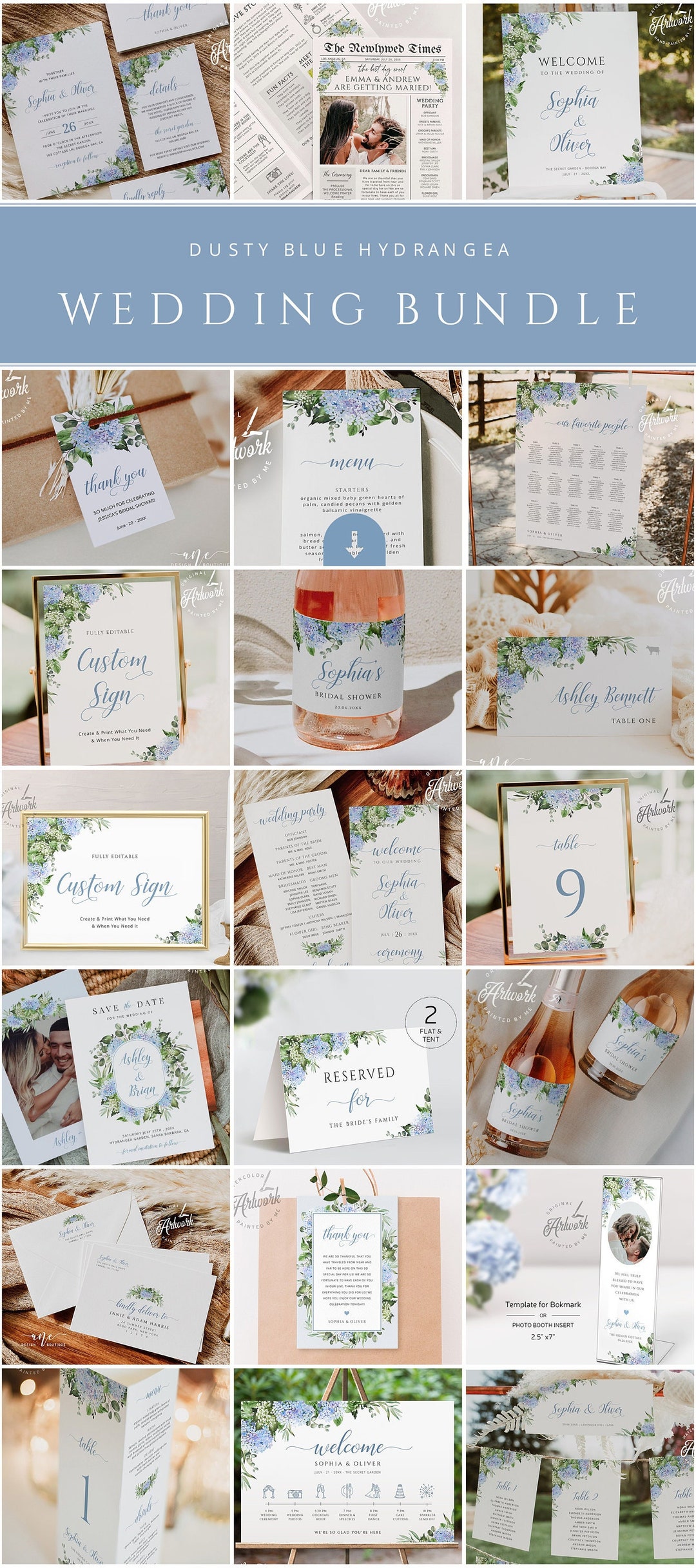 Dusty Blue Hydrangea Wedding Stationery BUNDLE 61 Templates, Pastel ...