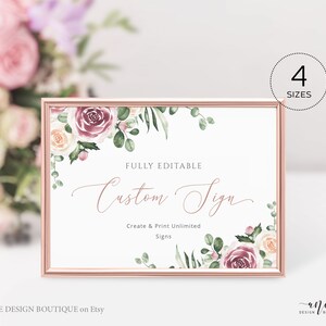 Boho Floral Wedding Sign Template, Eucalyptus Mauve Roses Watercolor ...