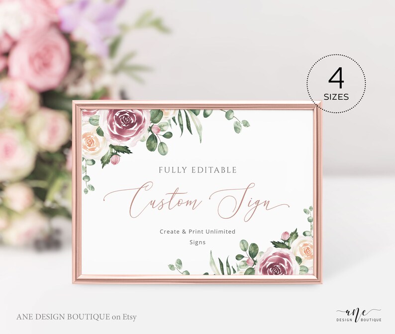 Boho Floral Wedding Sign Template, Eucalyptus Mauve Roses Watercolor ...