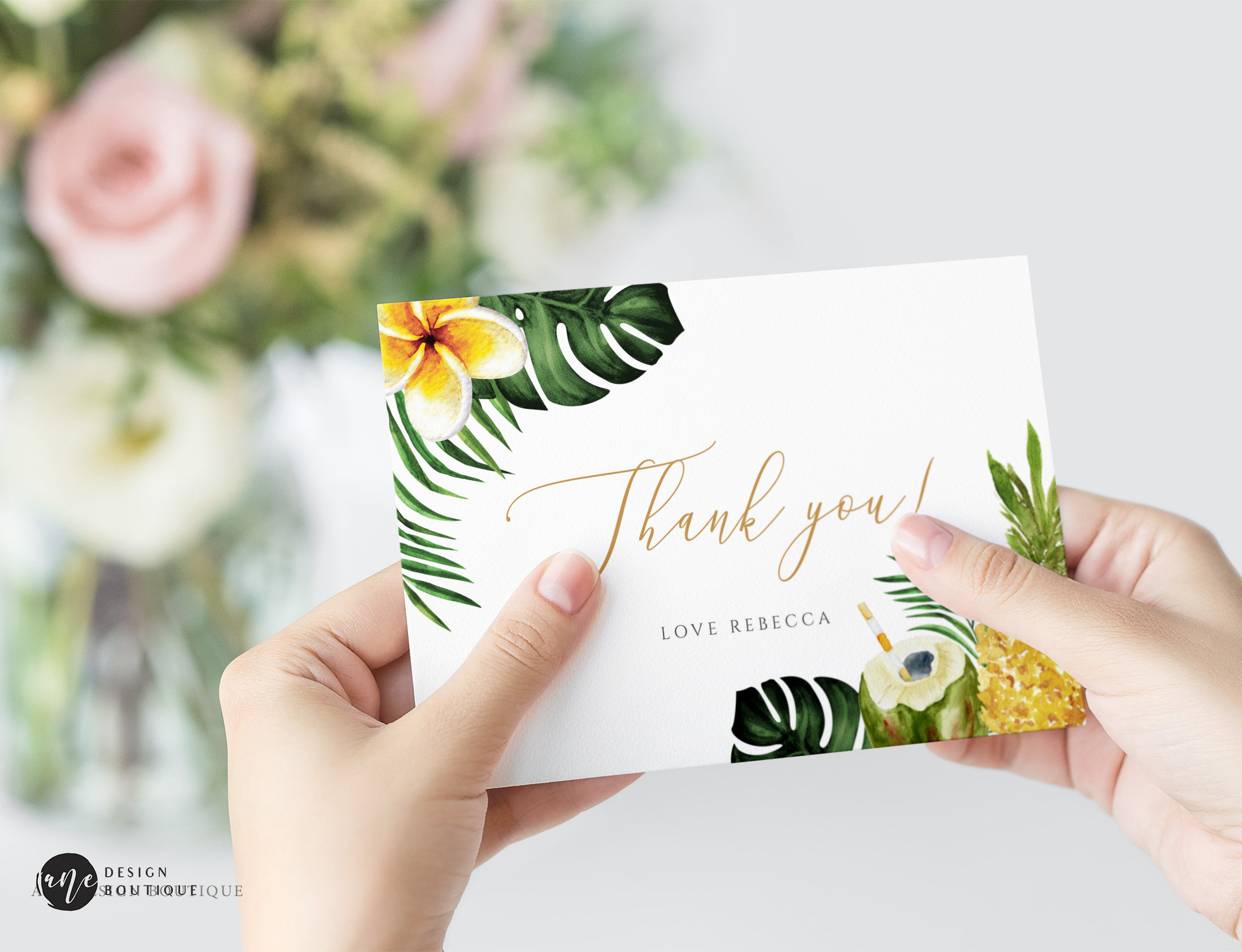 Tropical Thank You Card Template Editable Flat & Folded Note - Etsy