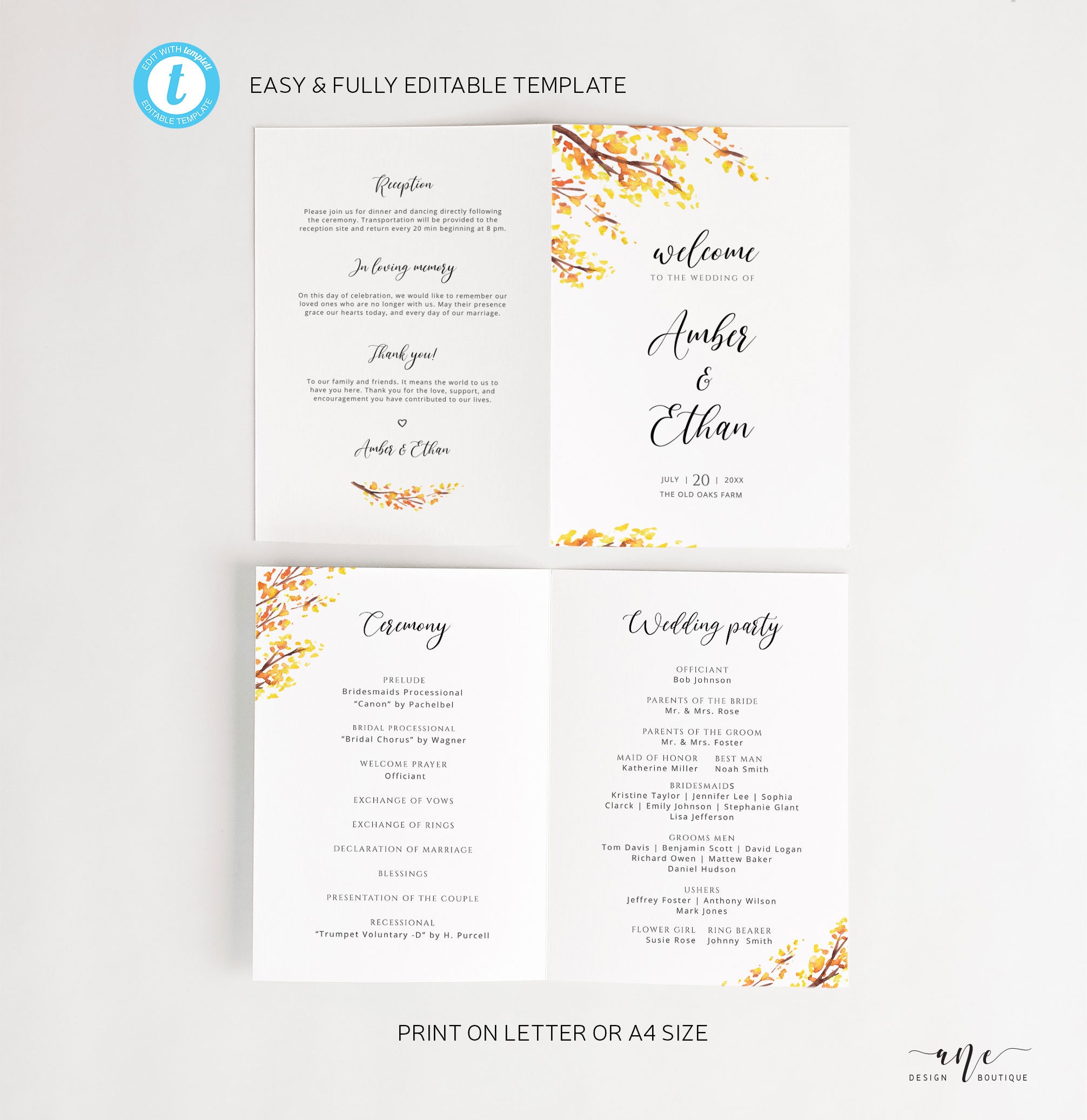 Rustic Fall Wedding Church Booklet Template, Editable Bi-fold Program ...