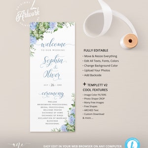 Blue Hydrangea Wedding Program Printable Template, Rustic Ceremony ...