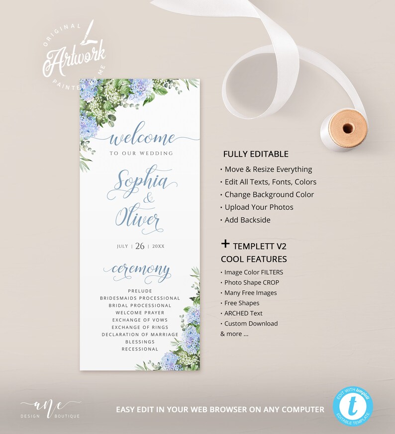 Blue Hydrangea Wedding Program Printable Template, Rustic Ceremony Program DIY , Country Barn ...