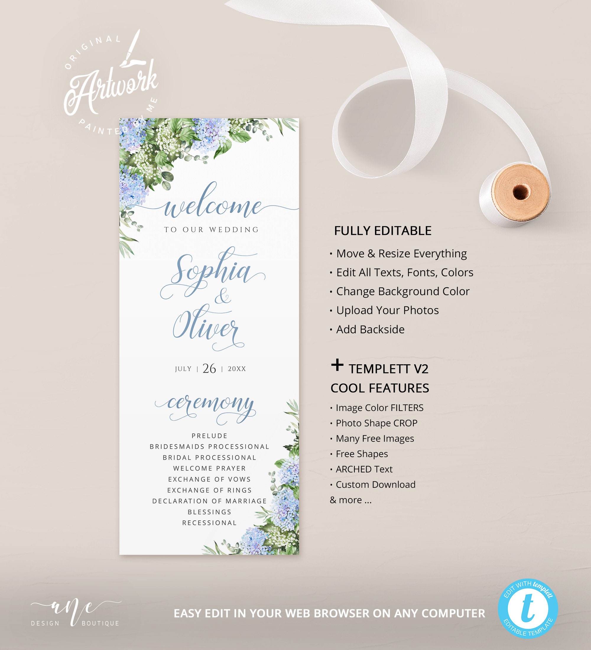 Blue Hydrangea Wedding Program Printable Template Rustic - Etsy