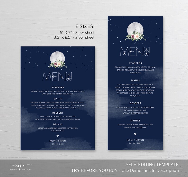 Celestial Moon Wedding Menu Template, Starry Night Sky Dinner Menu Card ...