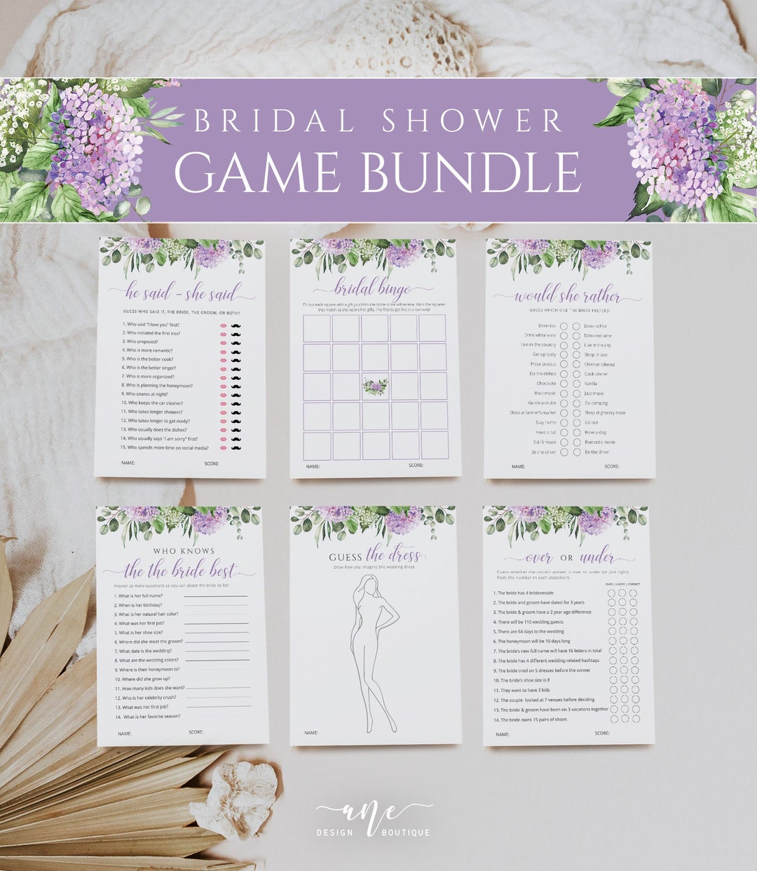 Hand Painted Purple Bridal Shower Games and Signs Bundle Editable ...