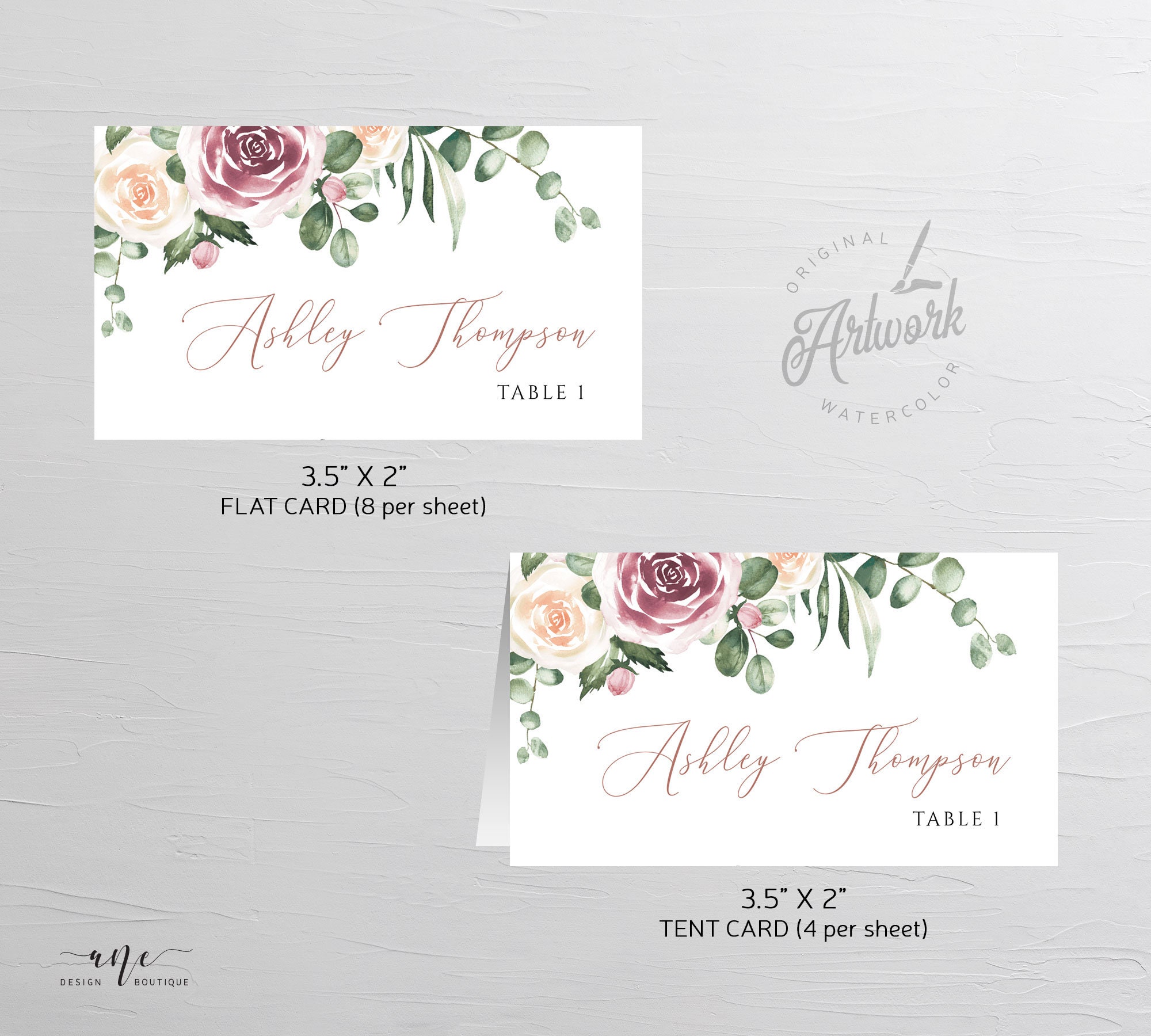 Mauve & Blush Roses Printable Place Card Template Printable | Etsy