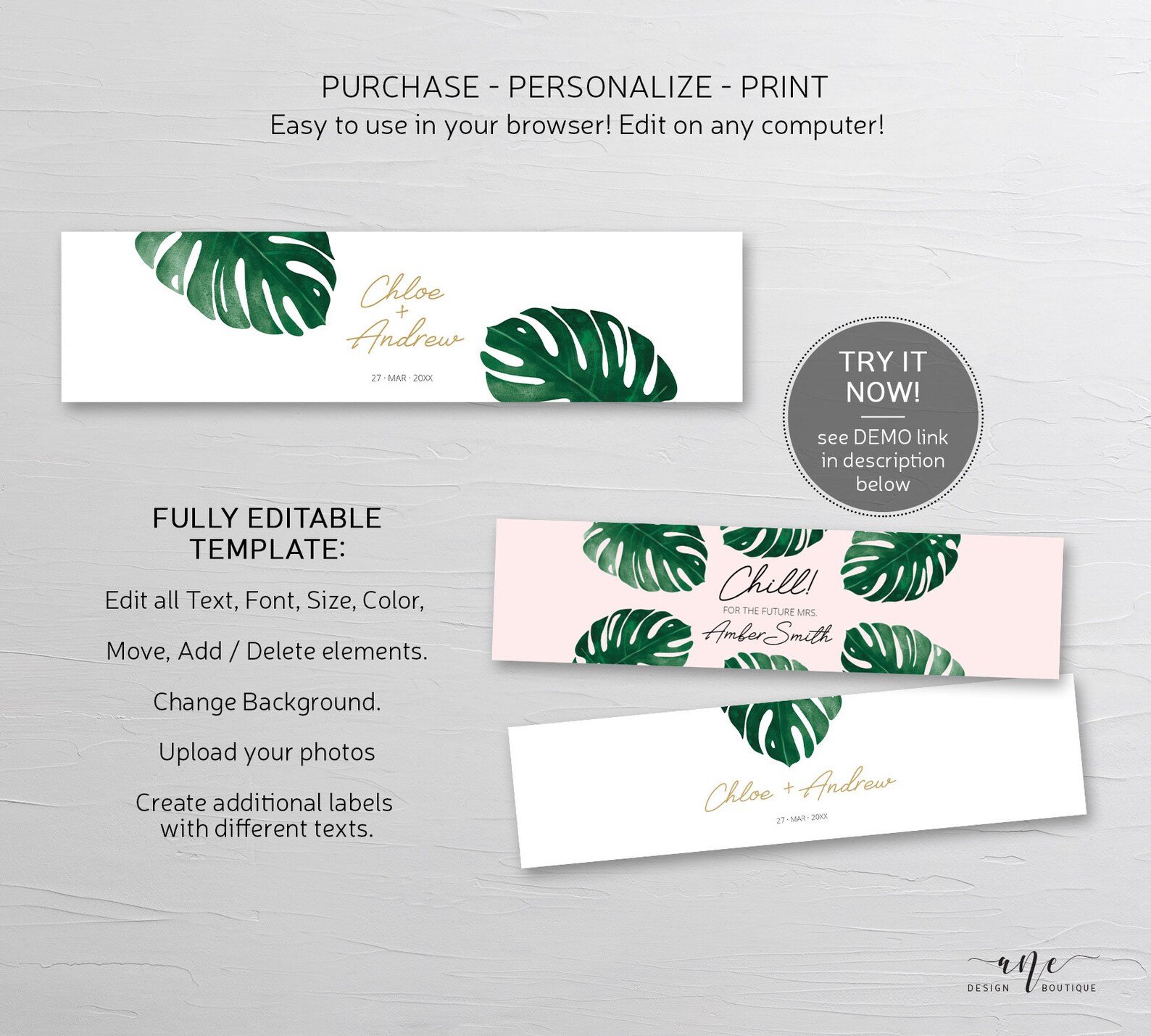 Monstera Custom Water Bottle Label Template, Tropical Greenery, Beach ...