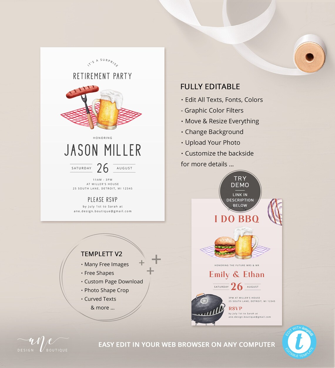BBQ Retirement Party Invitation Template, Editable Birthday BBQ ...